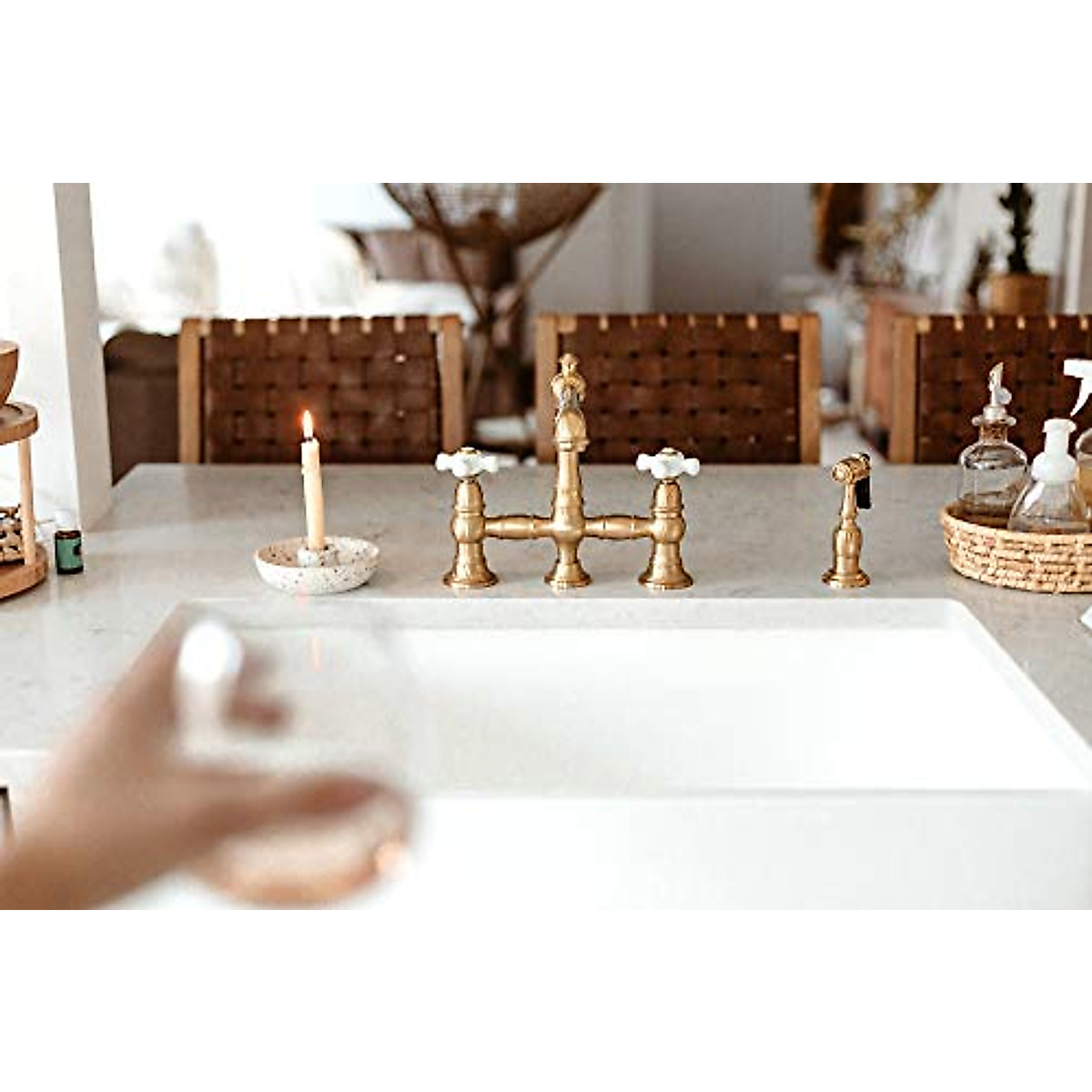 Kingston Brass KS7277PXBS English Country 8" Bridge Kitchen Faucet with Sprayer, Brushed Brass