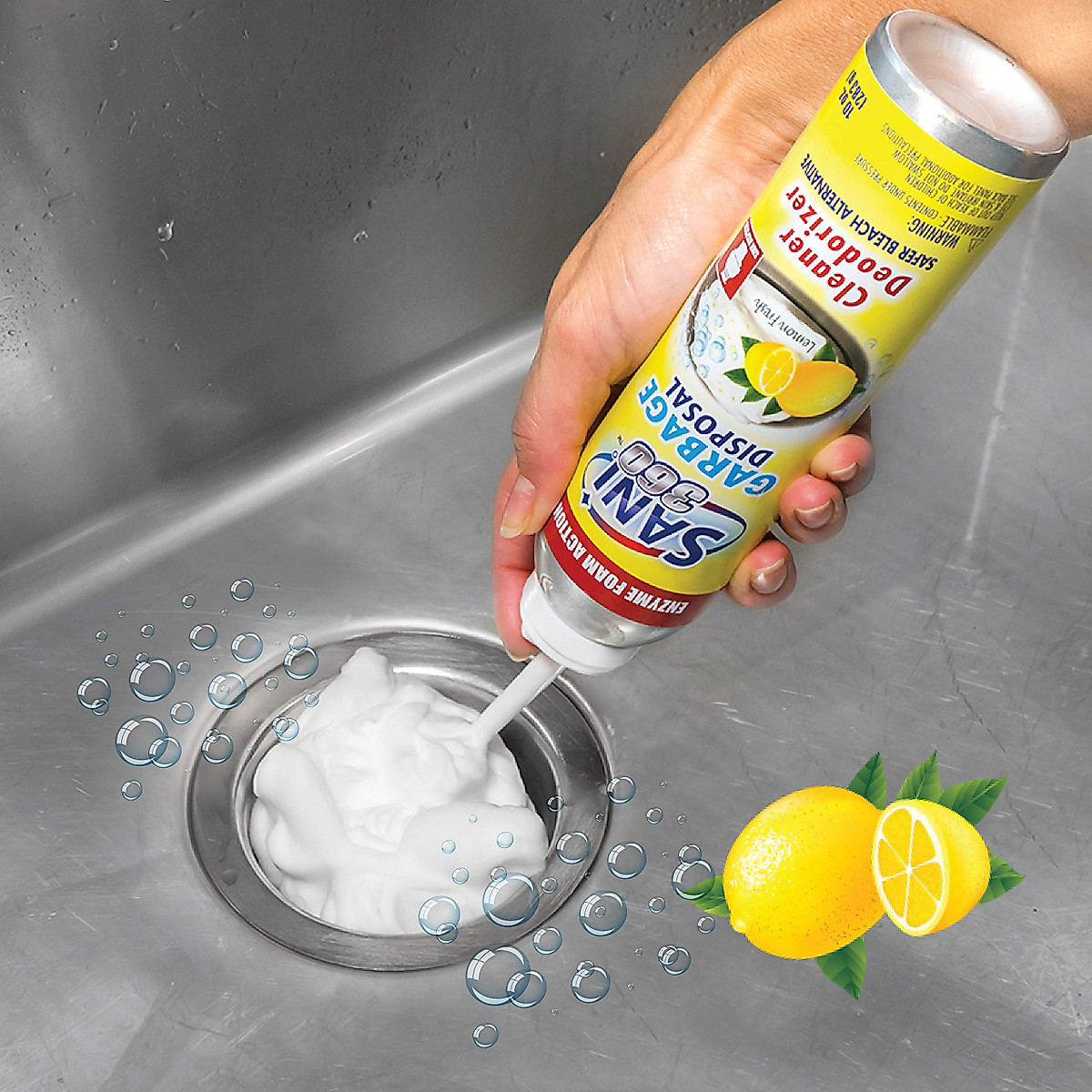 SANI 360° Sani Sticks Garbage Disposal Cleaner Kit —Lemon Scent, 10 oz Bottle of Foam with Cleaning Brush and Tray - 8 to 10 Uses