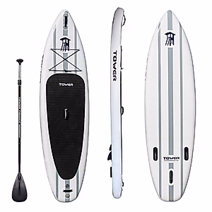 TOWER Inflatable 10’4” Stand Up Paddle Board - (6 Inches Thick) - Universal SUP Wide Stance - Premium SUP Bundle (Pump & Adjustable Paddle Included) - Non-Slip Deck (Adventurer 2-10'4")