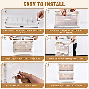 4 Tier Stackable Storage Bins, 23QT Storage Containers, Clear Plastic Storage Bins with Magnetic Doors, Large Collapsible storage box, Multifunctional Stackable Storage Drawers for Home, Office