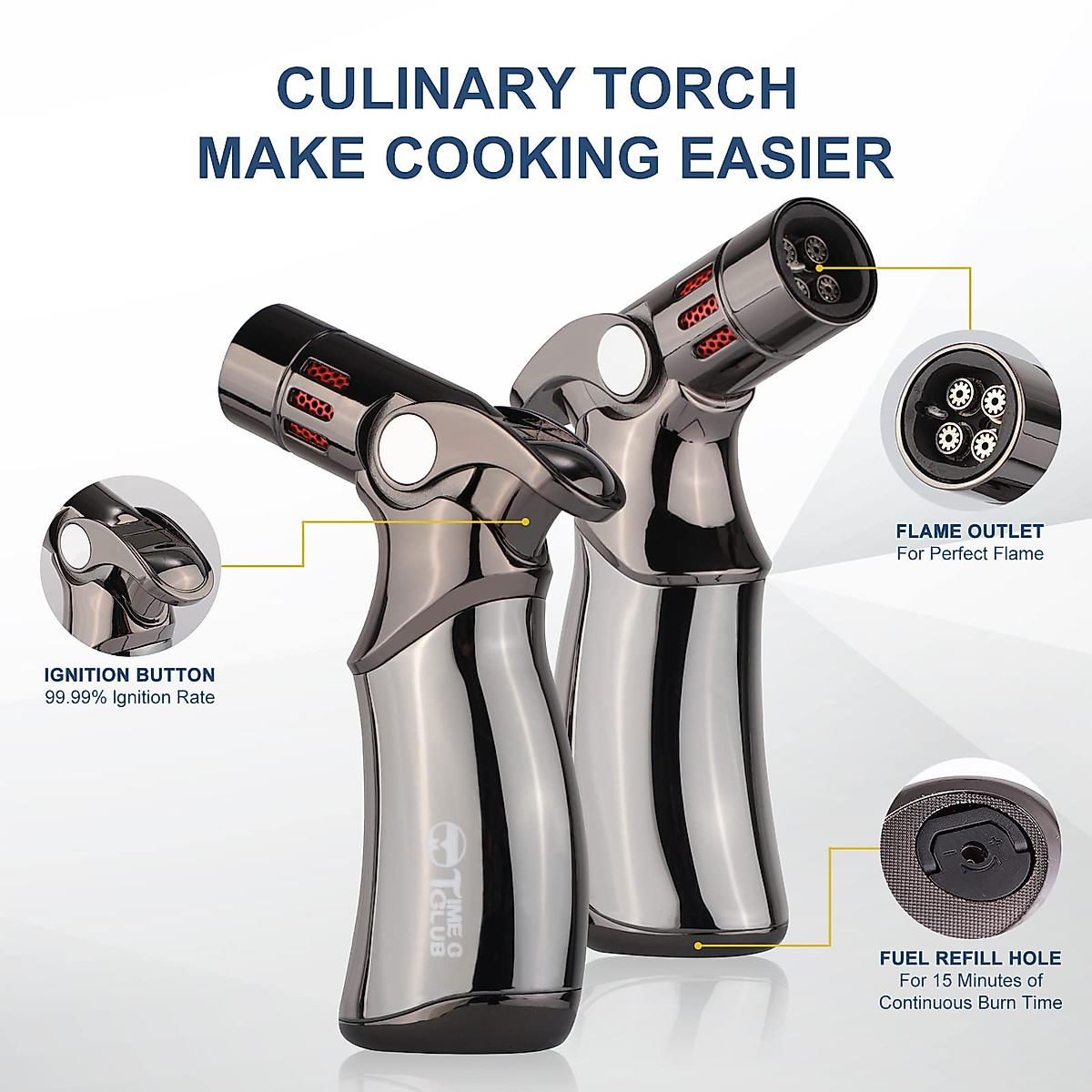 Butane Torch, Premium 4 Flame Big Kitchen Torch Lighters with Adjustable Refillable Multipurpose Culinary Blow Torch for Creme Brulee, Baking, BBQ (Butane Gas Not Included)