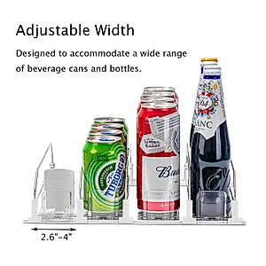 JILLMO Drink Organizer for Fridge, Self-Pushing Soda Can Organizer for Counter Refrigerator, Width Adjustable Pusher Glide, White, 12”depth-4rows
