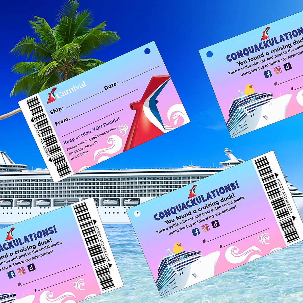 Cruising Rubber Duck Tags, Duck Tags, Carnival Cruising Line Gold Sailing Card, Duck Duck Tags, Ducking Game Cards, 50 Pack, 3.5 x 2 inches, with Hole and Rubber Bands (Cruise Tags 7FDC223)