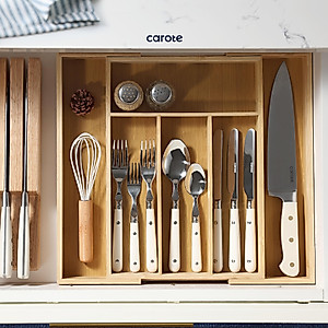 CAROTE 30-Piece Silver set, Stainless Steel Flatware Set with White Handles, Triple-Riveted & Full Tang Design, Kitchen Utensils Set, Mirror Polished, Durable, White