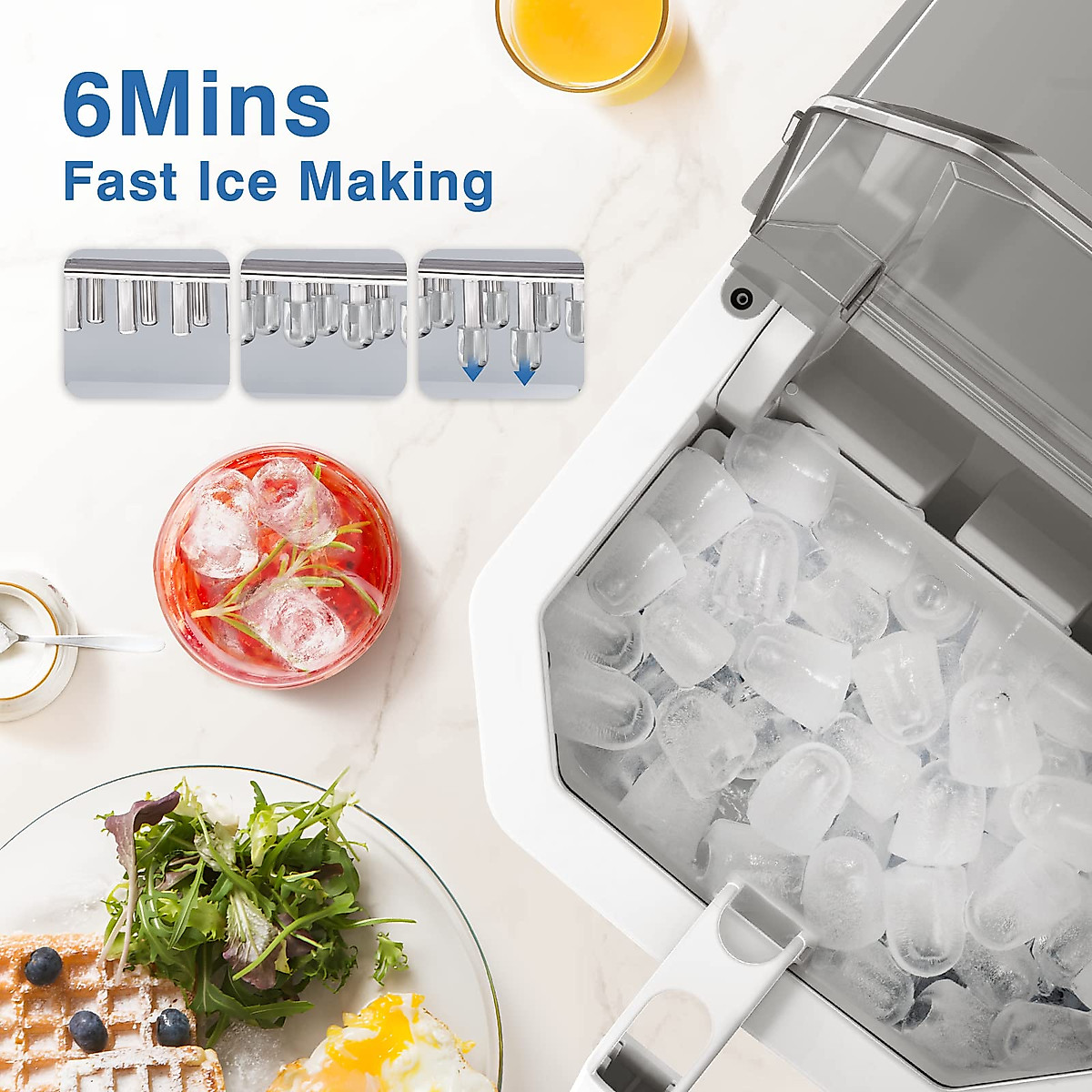 Xbeauty Countertop Ice Maker 6-Minute Fast Bullet Ice, Portable Double-Handle Removable Handle, Automatic-Cleaning Suitable for Outdoor Camping Bar Party and Kitchen-Grey