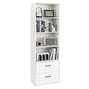 Giantex 74" Tall 4-Tier Bookcase with Drawers - Freestanding White Narrow Bookcase with Anti-Tipping Kits, Wood Open Storage Display Cabinet, 4-Cube Bookshelf for Living Room, Bedroom, Office