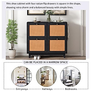 Wekity Rattan Boho Style Shoe Cabinet with 4 Flip Drawers, Modern 2-Tier Shoe Storage Organizer with Large Space, Free Standing Shoe Rack for Entrance Hallway (Black)