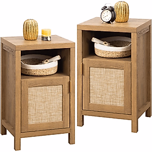 SICOTAS Tall Nightstand Set of 2 - Rattan Night Stand Farmhouse Bedside Table Boho End Table with Drawer for Bedroom Storage - 27.5in High