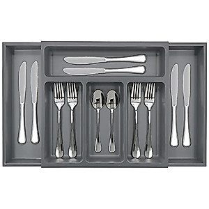 KAKUNM Adjustable Silverware Organizer | Cutlery Utensil Organizer Silverware Tray for Drawer Apartment Essentials, Convenient Flatware Kitchen Organization and Storage for Spoon Knife, Gray