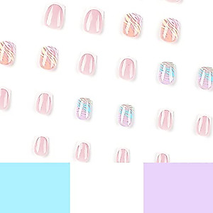 Square Press on Nails Short French Fake Nails Acrylic Glossy False Nails with Colored lines Designs Full Cover Glue on Nails Stick on Nails French Tip Reuseable Nails for Women