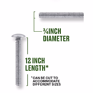 Hillman Group Galvanized Carriage Bolt 3/4” x 12”, 20 Count, Blunt Point, Alloy Steel, Self-Locking Round Head Fasteners, Wood and Metal, No Washer Needed, Rust-Resistant (812699)