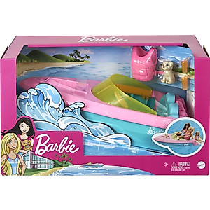 Barbie Toy Boat with Pet Puppy, Life Vest & Beverage Accessories, Fits 3 Dolls & Floats in Water