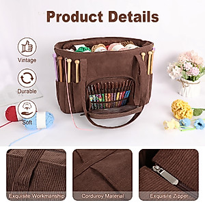 LOOEN Crochet Bag Organizer, Large Capacity Yarn Storage Bag, Portable Corduroy Knitting Bag and Totes for Travel, Used to Organize Yarn, Crochet Hooks, Ideal Gift for Crochet Lovers(Brown)