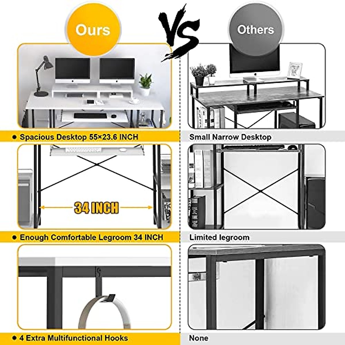 White Desk with Keyboard Tray, 55 INCH Desk with Storage Shelves Modern Computer Desks for Home Office Study Desk with Monitor Shelf Industrial PC Desk Studio Desk with Iron Hooks, Easy to Assemble