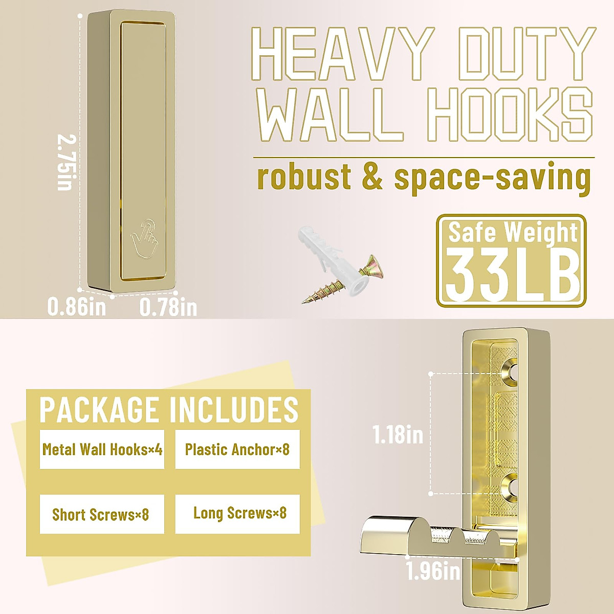 ANJUU Wall Hooks for Hanging Coat, Heavy Duty Metal Hooks with Folding Storage Foldable Wall Hooks for Entryway Bathroom Kitchen Bags Towels Closet, 4Pcs Gold