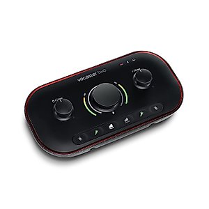 Focusrite Vocaster Two — Podcasting Interface for Recording Host and Guest. Two Mic Inputs and Two Headphone Outputs, with Auto Gain, Enhance, and Mute. Small, Lightweight, and Powered by Computer.