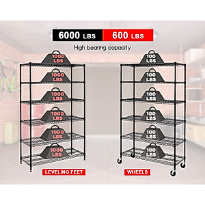 FDW 48" L×18" W×76" H Wire Shelving Unit Metal Shelf with 6 Tier Casters Adjustable Layer Rack Strong Steel for Restaurant Garage Pantry Kitchen Garage,Black