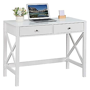 Usinso White Writing Computer Desk with Drawers,Small Modern Table for Bedrooms,White Vanity Table,Office Desk with Drawers（White）