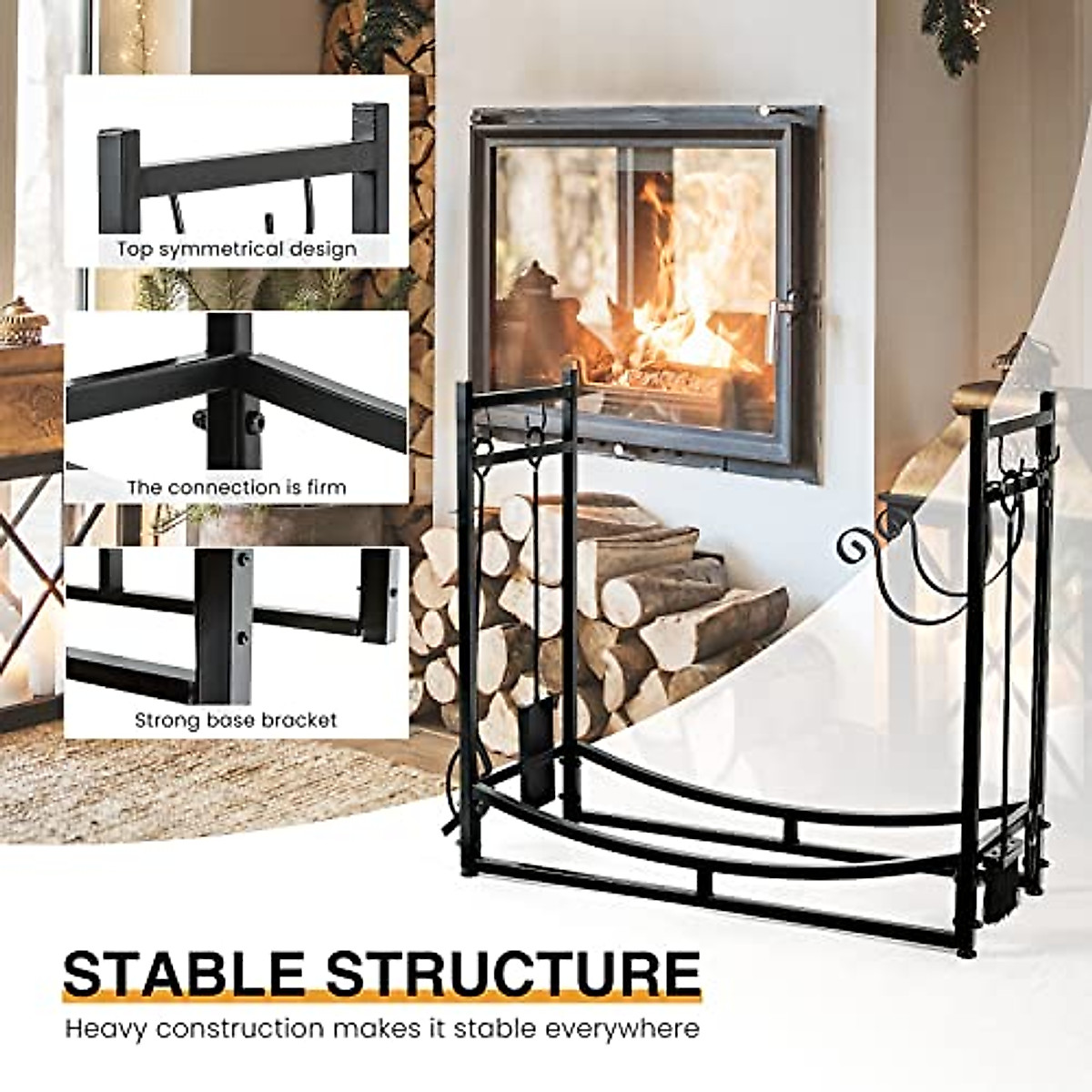 WBHome 3FT Heavy Duty Indoor Outdoor Firewood Storage Log Rack with 4 Tools - Includes Brush, Shovel, Poker, and Tongs