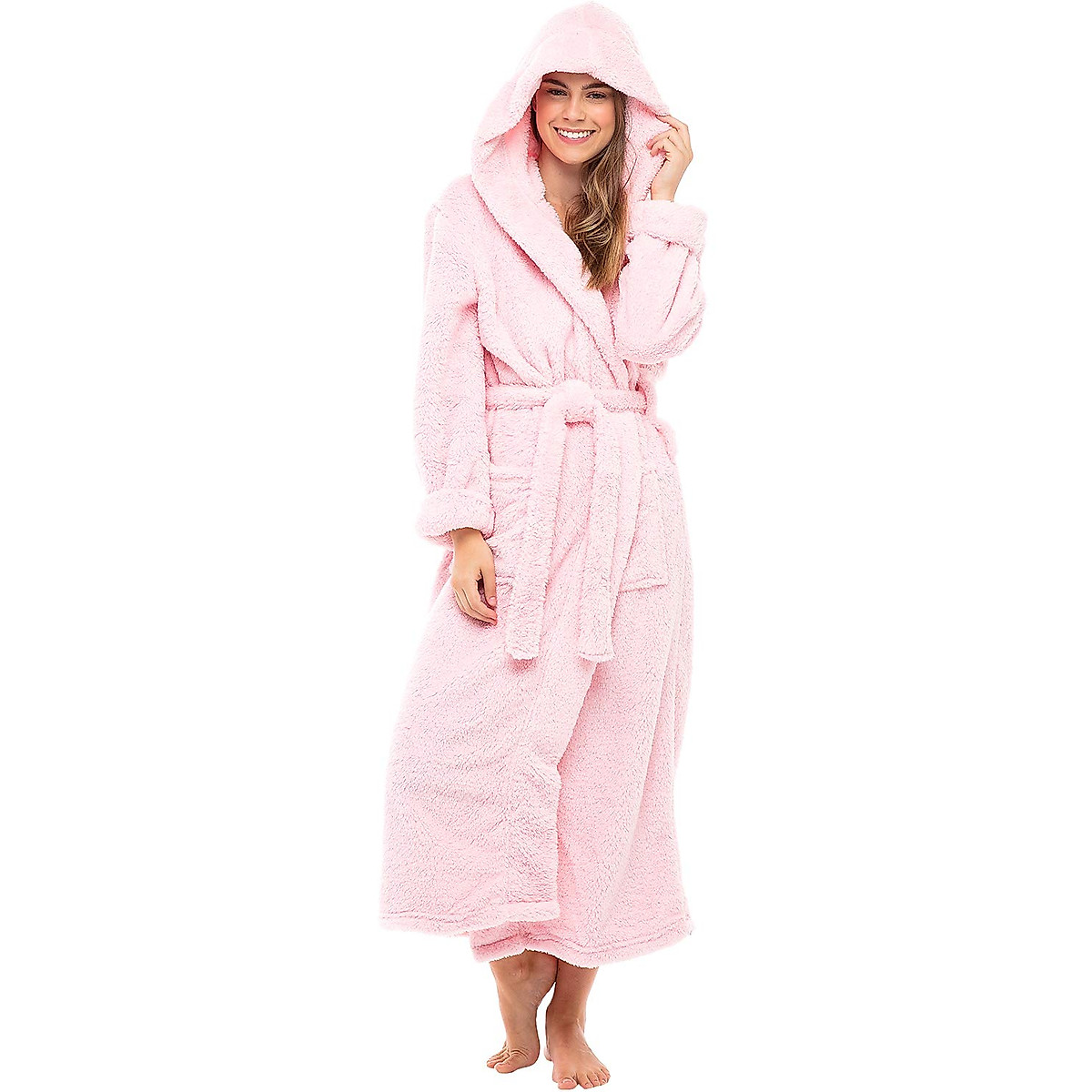 Alexander Del Rossa Womens Fluffy Robe, Fuzzy Robe for Women, Long Hooded Robes for Women, Plus Size Robe Pink Rose Quartz Medium (A0304RSQMD)