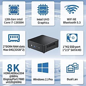 msecore Mini PC with Core i7-12650H, 10 Cores Upto 4.7GHz, 16G RAM 512G Pcie 4.0 SSD Desktop Computer, Dual LAN, Wi-Fi 6E, 1*DP, 1*HDMI, 1*USB-C Triple Display, Auto Power on, VESA, Windows 11 Pro