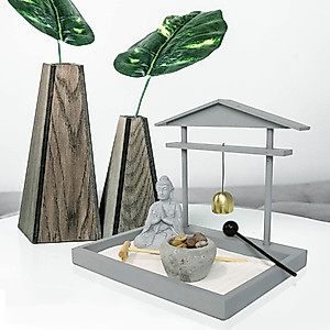 Gray Japanese Zen Garden Sand Box with Miniature Gold Bell Design - Mini Buddha Statue in Sand - Perfect Meditation Gifts for Relaxation and Mindfulness - Perfect Home and Office Decor