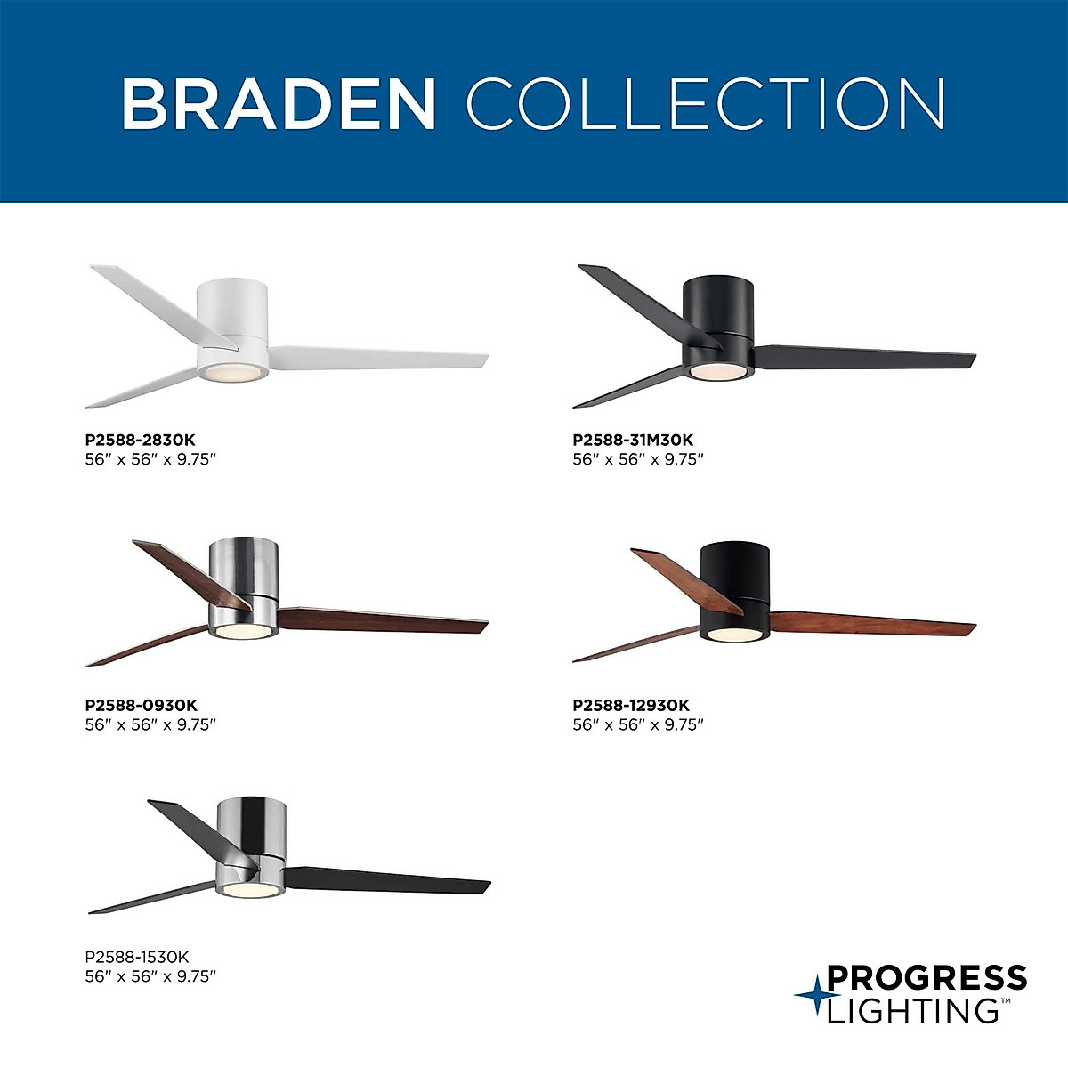 Progress Lighting Braden Collection 56" Three-Blade Indoor Hugger Ceiling Fan