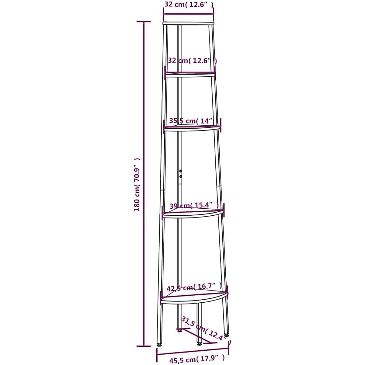 vidaXL 5-Tier Corner Storage Shelf - Black Steel Frame Bookcase for Living Room, Bedroom, Office - 17.9"x12.4"x70.9" Size