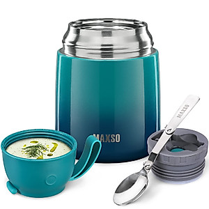MAXSO Soup Thermo for Hot & Cold Food for Adults Kids, 17 oz Vacuum Insulated Steel Lunch Container Bento Box with Spoon, Leakproof Thermal Food Jar for School Office Travel - Blue Green