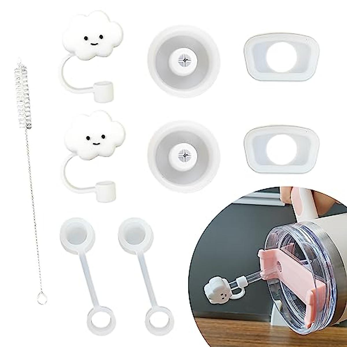 Silicone Spill Proof Stopper Set of 4, Compatible with Stanley Cup 1.0 40oz/ 30oz,Stanley Straw Cover Set Accessories, Including 2 Straw Cover Cap,4 Square Spill Stopper and 2 Round Leak Stopper