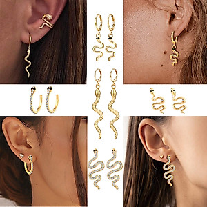 ZITULRY 9 Pairs Snake Earrings Charm Huggie Hoop Earrings Set Punk Rhinestone Serpent Drop Dangle Stud Earrings Minimalist Crystal Long Snake Earrings for Women Girls Jewelry Gift,Gold