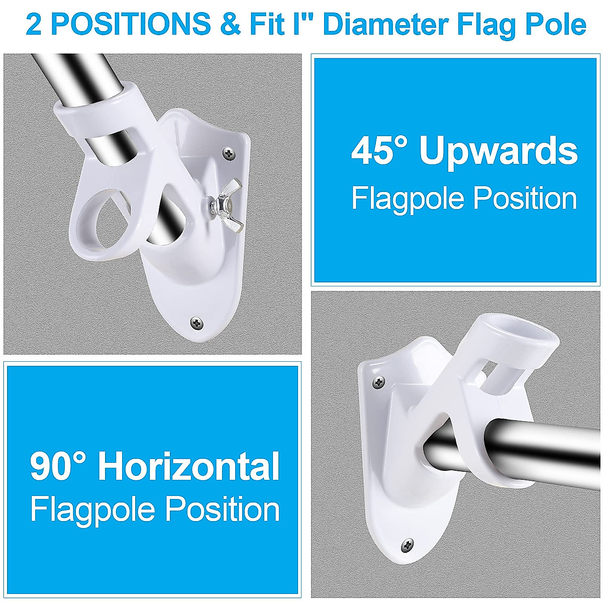 Flag Pole Holder Brackets, BONWIN 1" Flag Pole Mounting Bracket with Hardwares for House Wall Mount, 1" Inner Diameter, Two Positions & Aluminium Alloy, Rust Free Coated (White - 1 Pack)