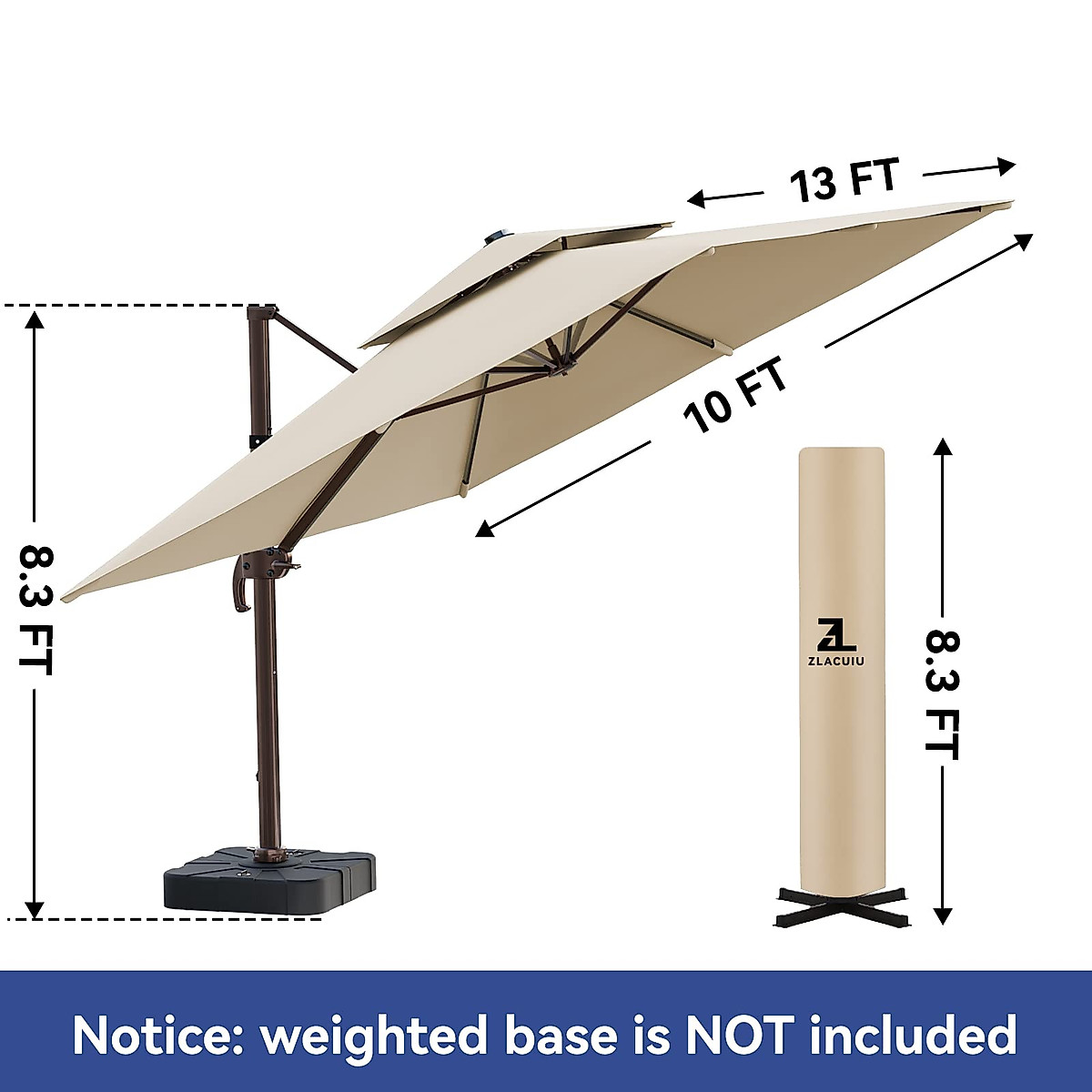 ZLACUIU 10x13FT Cantilever Outdoor Patio Umbrellas, Double Top Large Rectangle Umbrella, Heavy Duty 360° Rotation Offset Outdoor Sun Shade Umbrella for Garden Deck Pool Backyard Patio, Beige