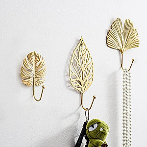 ORYOUGO Set of 8 Decorative Leaves Iron Hooks Plant Modern Key Holder Wall Mounted Single Prong Coat Hanger for Hallways, Living Room, Green+Gold