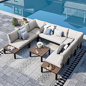 Sophia & William 9PCS Outdoor Patio Furniture Set, Metal Sectional Sofa Set Patio Conversation Set with Beige Cushions-2 x Single Sofa with Side Table, 4 x Single Sofa, 1 x Loveseat, 1 x Tea Table