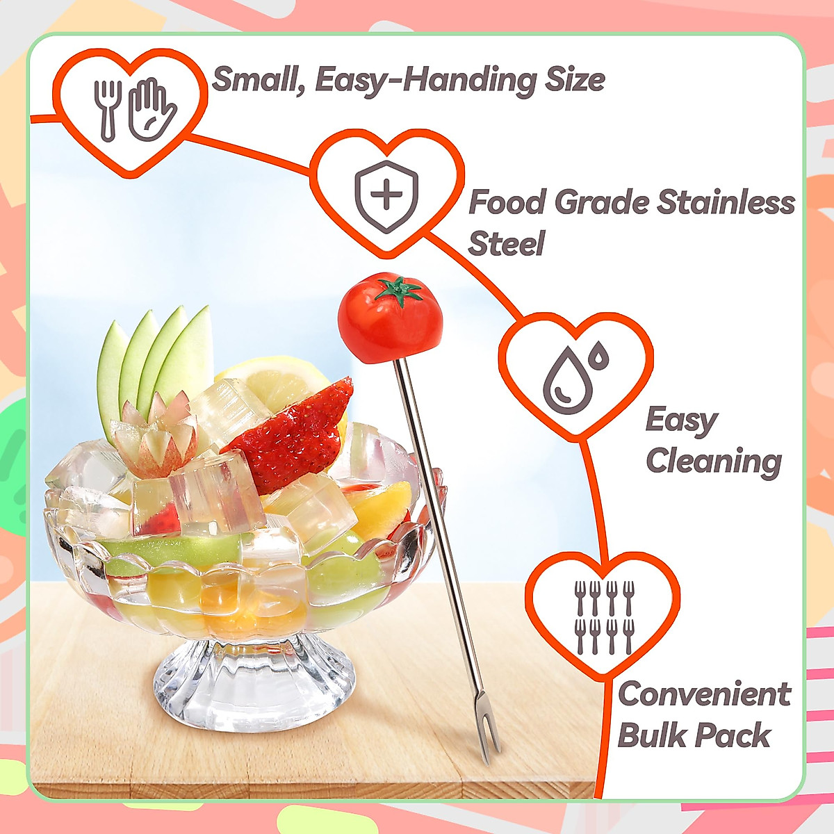 Set of 5 Tomato Stainless Steel Fruit forks and 1 Tomato Holder, Fruit Forks Dessert Forks Salad Forks Food Picks