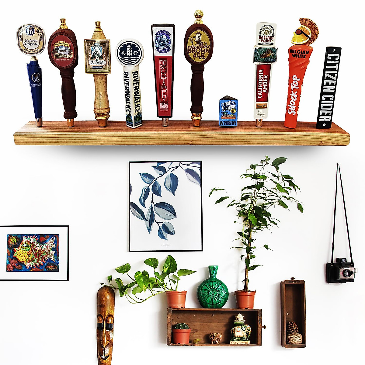 Tap Handle Holder Display Floating Shelf | Wall-Mounted Tap Handle Display Shelf Constructed from Reclaimed Redwood | Beer Tap Holder for 10 Tap Faucet Handles | Made in USA (10 Tap Handles)