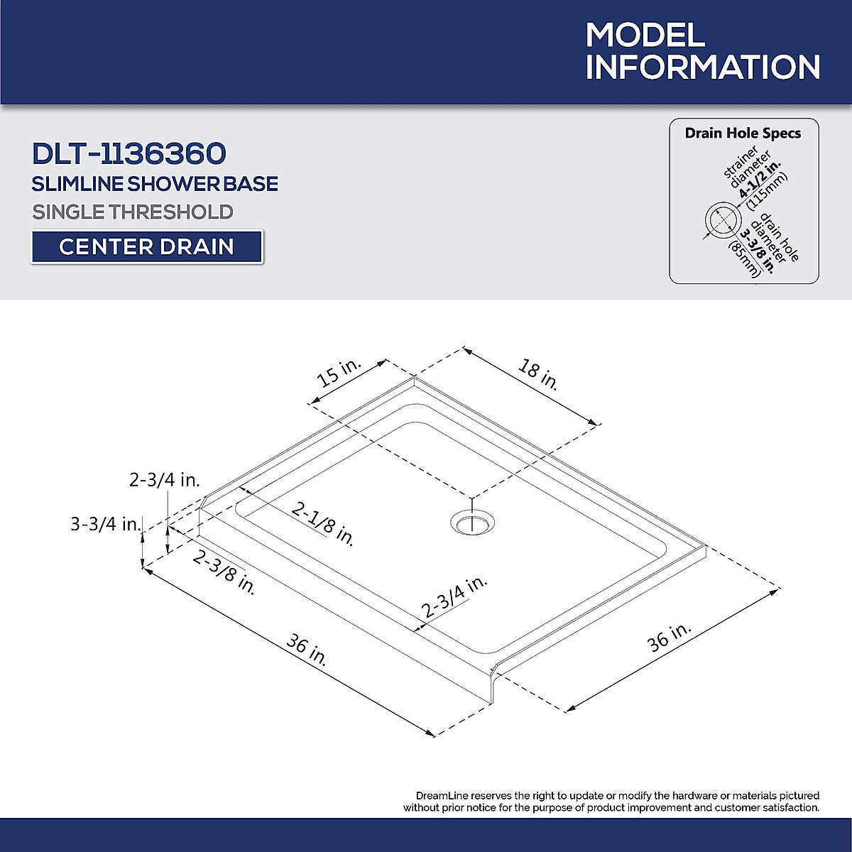 DreamLine SlimLine 36 in. D x 36 in. W x 2 3/4 in. H Center Drain Single Threshold Shower Base in Biscuit, DLT-1136360-22