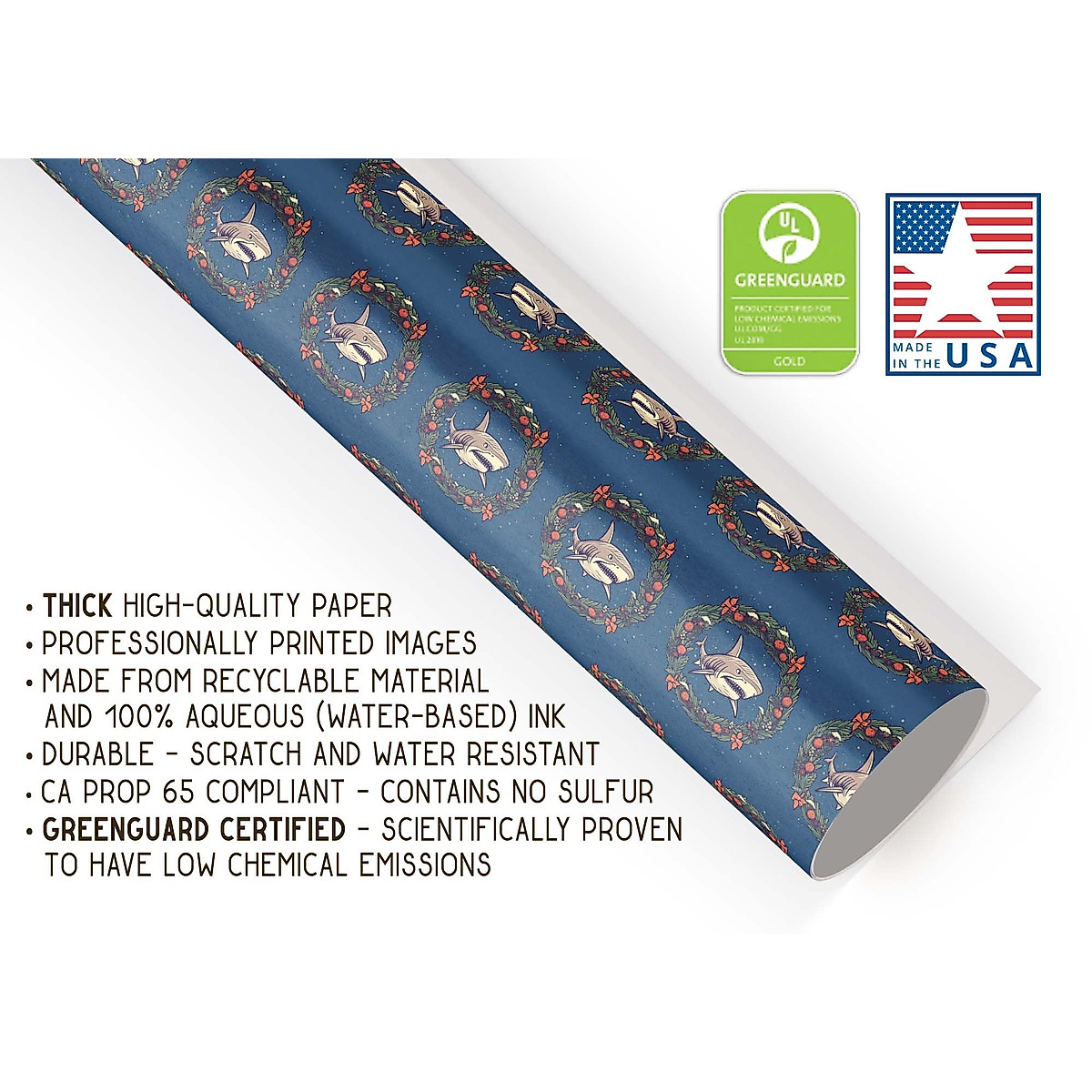 Shark Wreath Christmas Wrapping Paper, Christmas Holiday Gift Wrap, Ocean Animal Theme Party Decor (20 inch x 30 inch sheet)