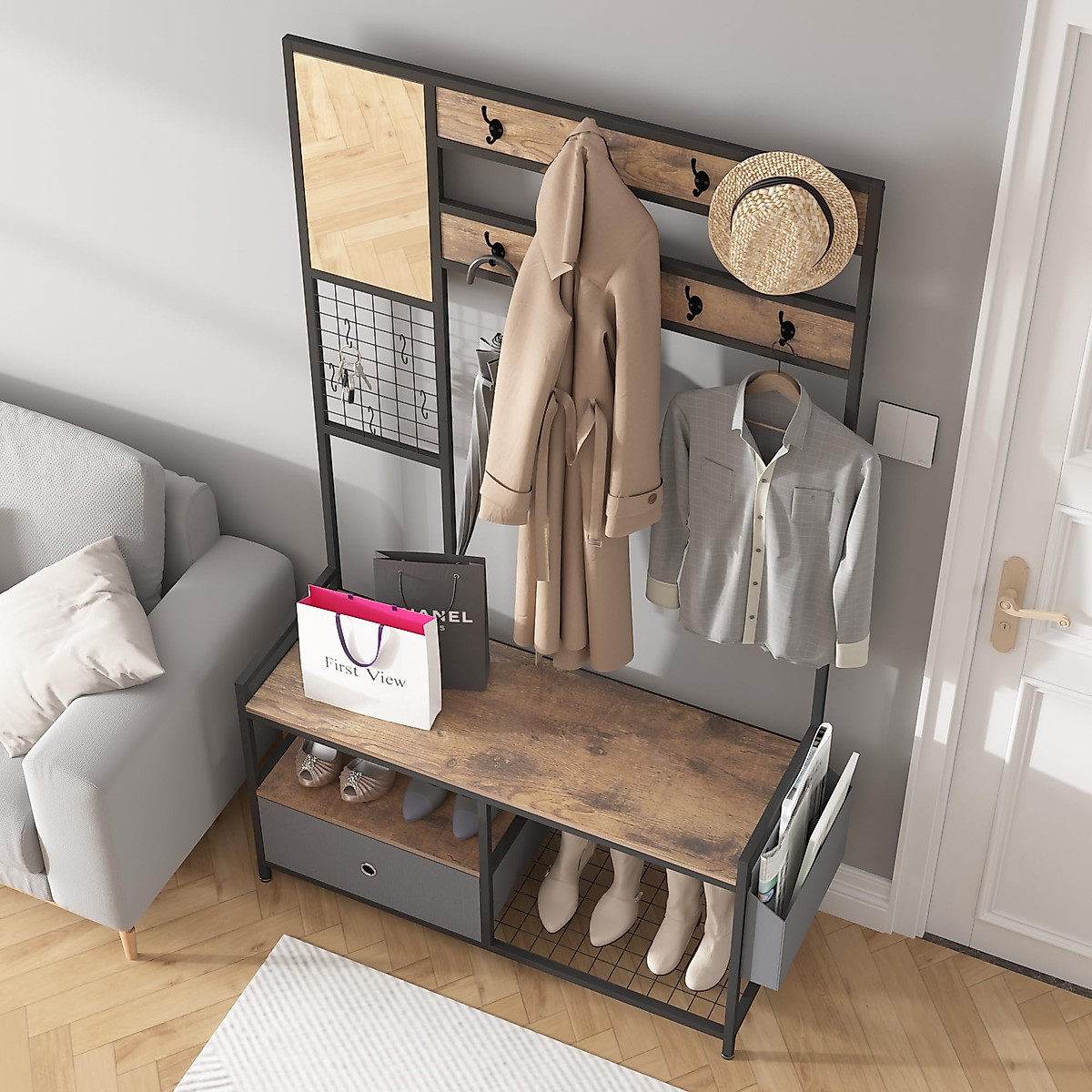 NAIYUFA Entryway Hall Tree with Drawer,Coat Rack with Mirror,Vintage Industrial Hall Tree with Shoe Bench,5-in-1 Storage Rack with 8 Hooks and Grid Panel