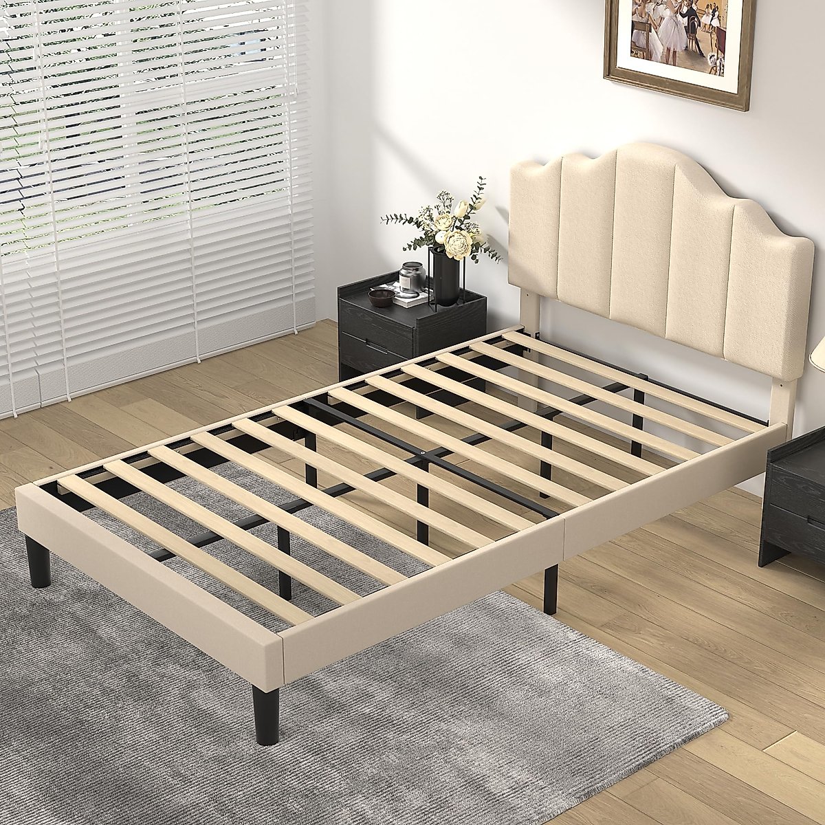 VECELO Twin Size Upholstered Platform Bed Frame with Adjustable Headboard, Wood Slat Support and Noise-Free, No Box Spring Needed, Easy Assembly, Pale Beige