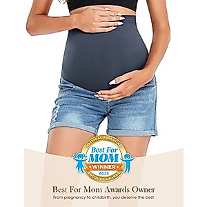 HOFISH Women's Over The Belly Maternity Shorts Support Pregnancy Shorts Breathable Jeans Shorts LightBlue+Black L