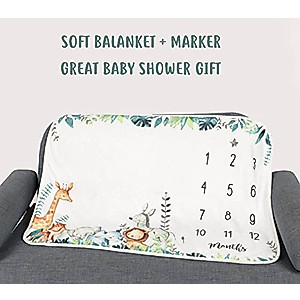 Popfavors, Yuzioey Safari Baby Monthly Milestone Blanket, Jungle Animals Baby Month Blanket , Baby Boy Blanket Growth Chart Nursery Decor, Includes Marker, White, 50Inx40In