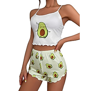 SHENHE Women's Cute Cartoon Print Crop Cami Top and Shorts 2 Piece Summer Pajama Set Avocado Green White S