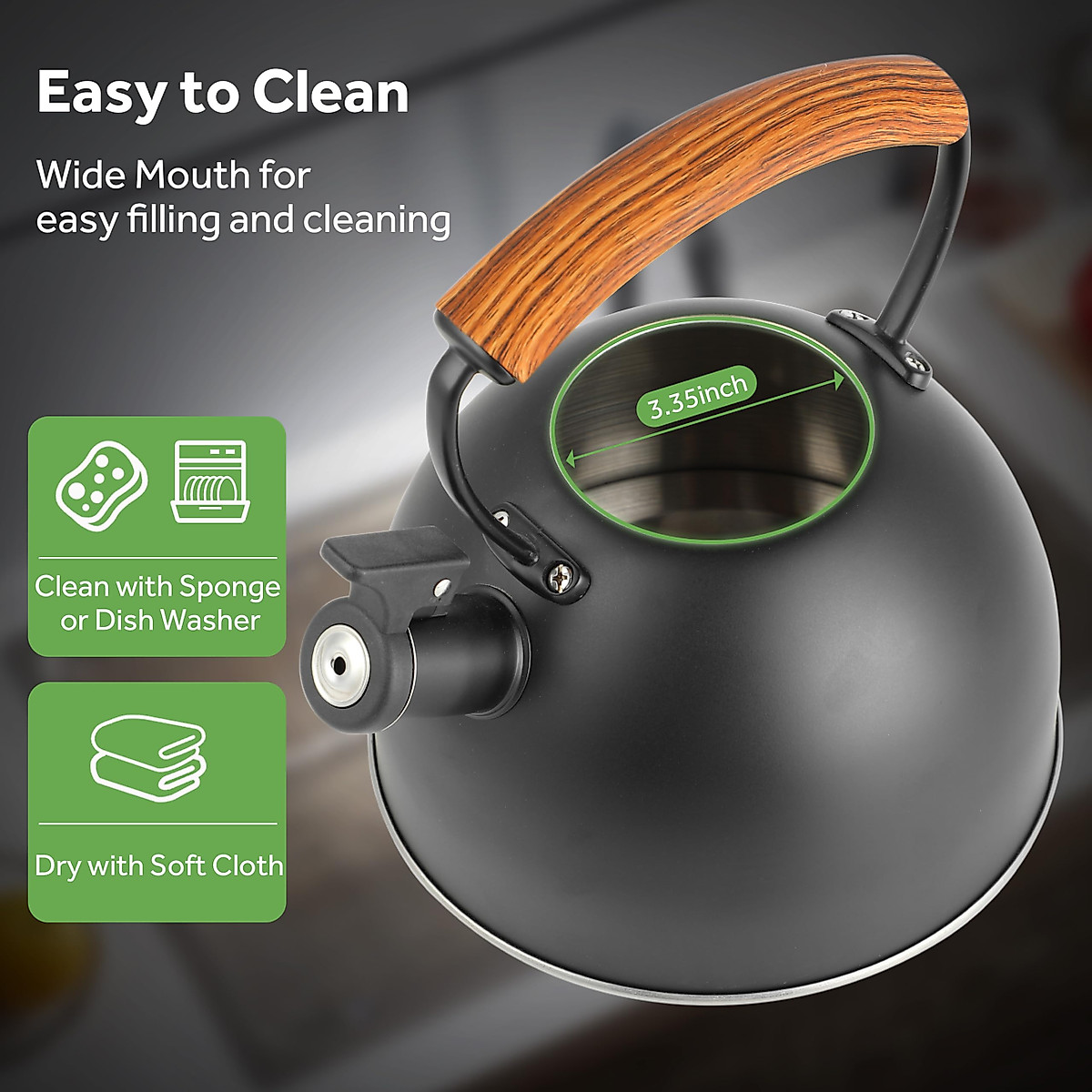 YSSOA Whistling Stovetop Tea Kettle, 3.2 Quart Stainless Steel Teapot with Cool Touch Ergonomic Handle, Hot Water Fast to Boil, Black