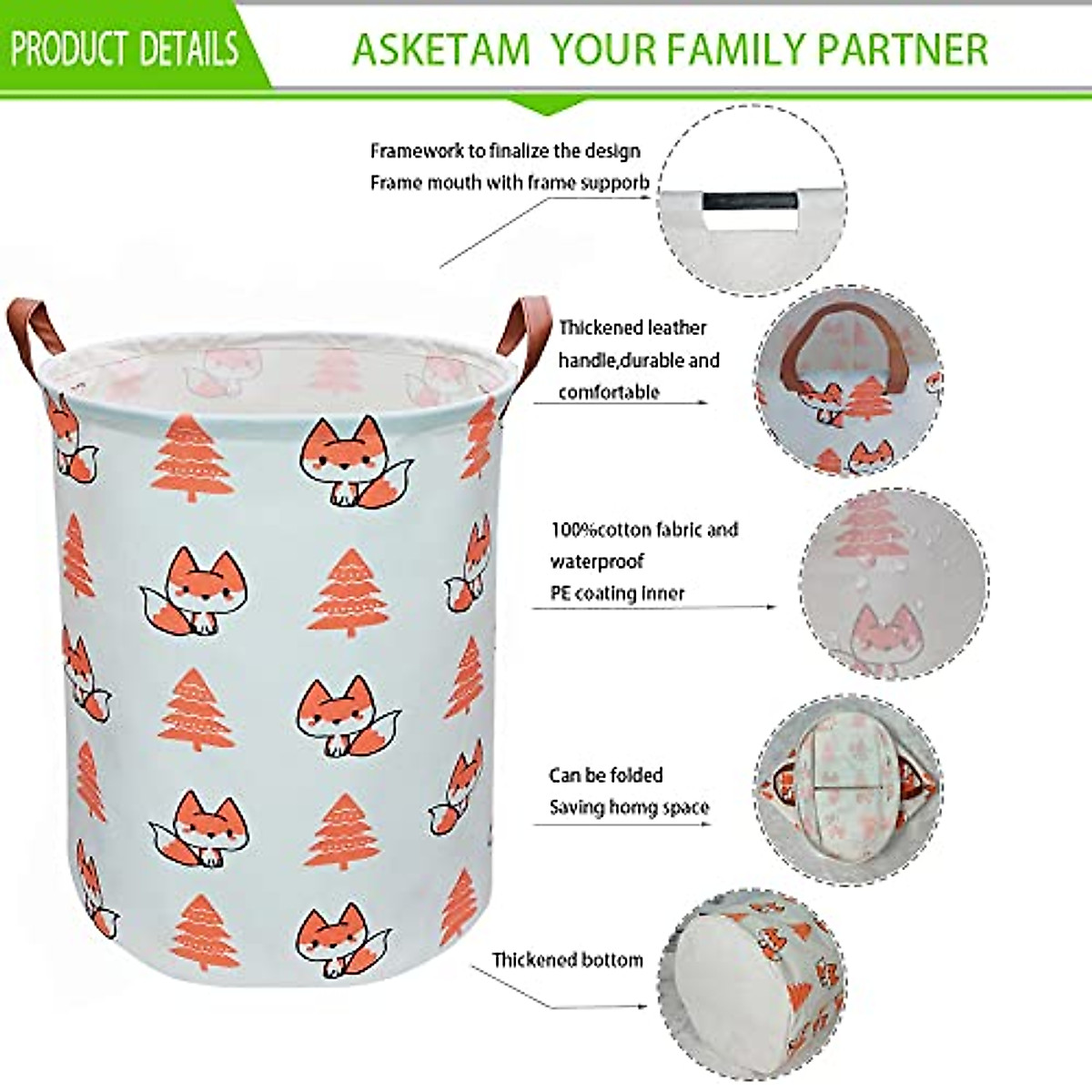 ASKETAM Canvas Fabric Collapsible Kids Baby Laundry Basket Children Nursery Bedroom Dirty Clothes Hamper Storage Bin Toy Organizer (Fox little pine)