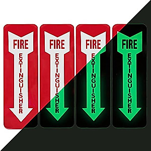 Fire Extinguisher Sign, 4 Pack Of Fire Extinguisher Sticker, Glow In The Dark 18 Mil Thick Durable - Weatherproof Self Adhesive Photoluminescent And UV Protected Safety Signs red