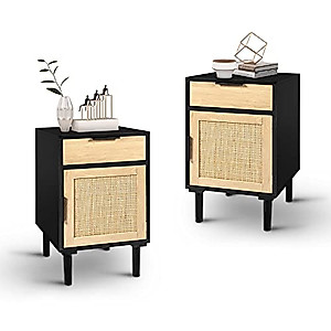DOALBUN OKL Tall Nightstand Set of 2,Rattan End Table with Drawer and Decorated Doors,Side Table Solid Wood Accent Bedside Table with Storage for Living Room,Bedroom (Black)