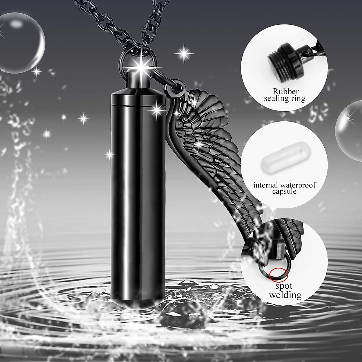 Dletay Cylinder Cremation Urn Necklace for Ashes Memorial Keepsake Pendant with Angel Wing Stainless Steel Remembrance Jewelry(Black)