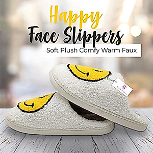 WELLNESSICA Happy Face Slippers Soft Plush Comfy Warm Faux Fur with Memory Foam, Preppy Winter Slides Non-Slip Flat Smile Face House Slippers for Women, Men & Kids (Purple, Light Blue & White, us_footwear_size_system, adult, women, numeric, wide, numeric_